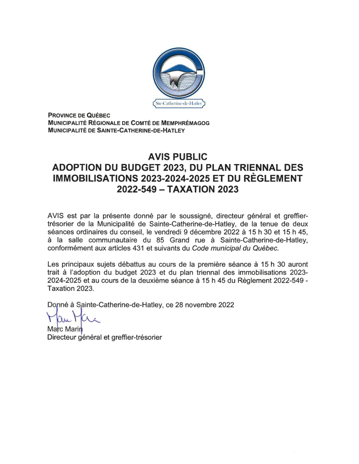 Avis public adoption du budget 2023, du plan triennal des ...
